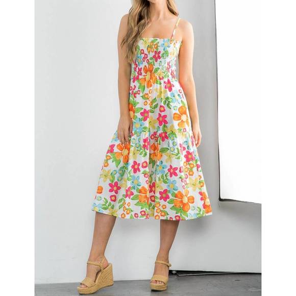 THML | Dresses | New Thml Smocked Floral Tiered Midi Dress In Multi ...